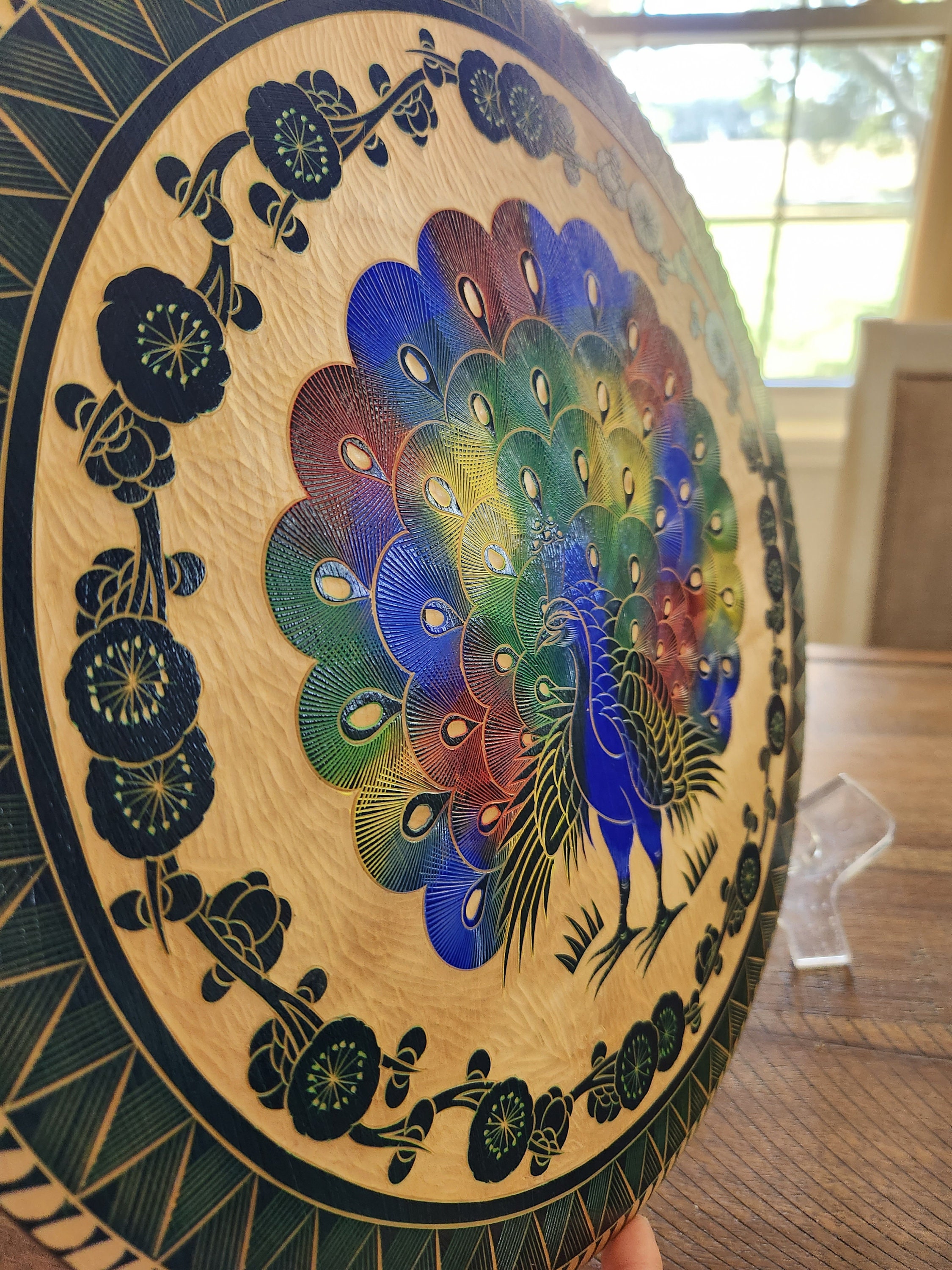 Hand Carved Peacock Plaque, Round Hand Painted Colorful Peacock Wall ...