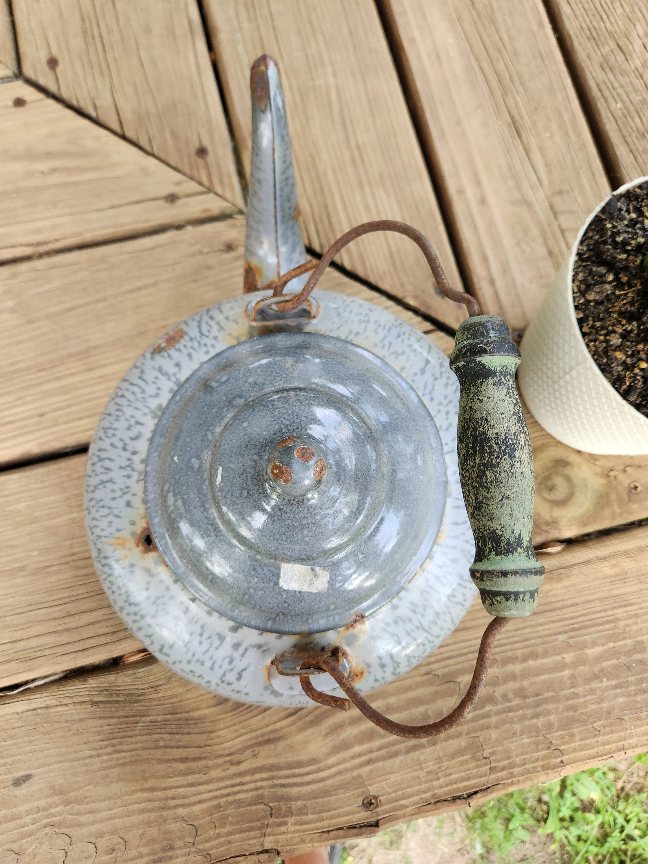 Vintage Enamelware Teapot, Old Fashioned Oversized Teapot, Gray ...