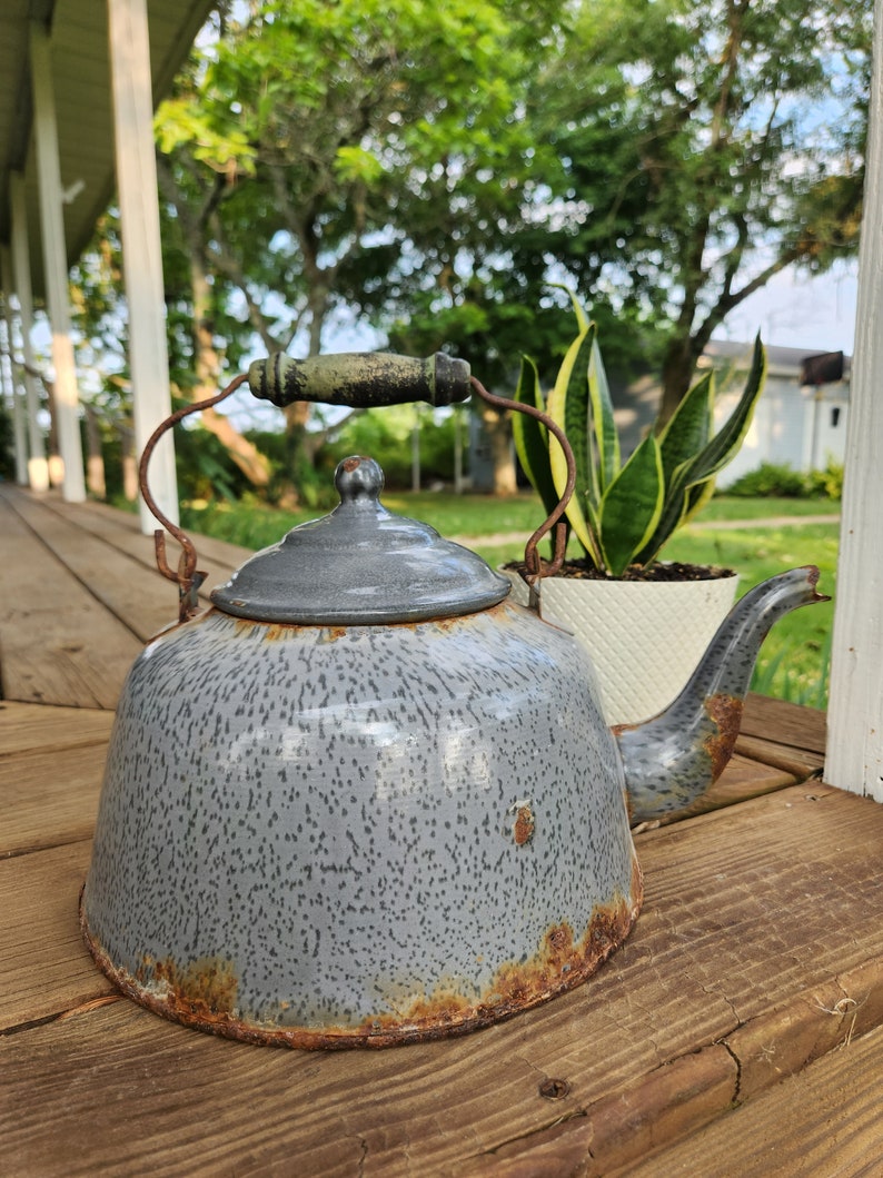 Vintage Enamelware Teapot, Old Fashioned Oversized Teapot, Gray ...