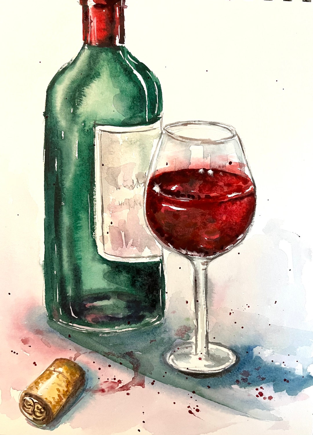 Wine Bottle Original Watercolor Painting Wall Art Home Decor Wine Glass ...