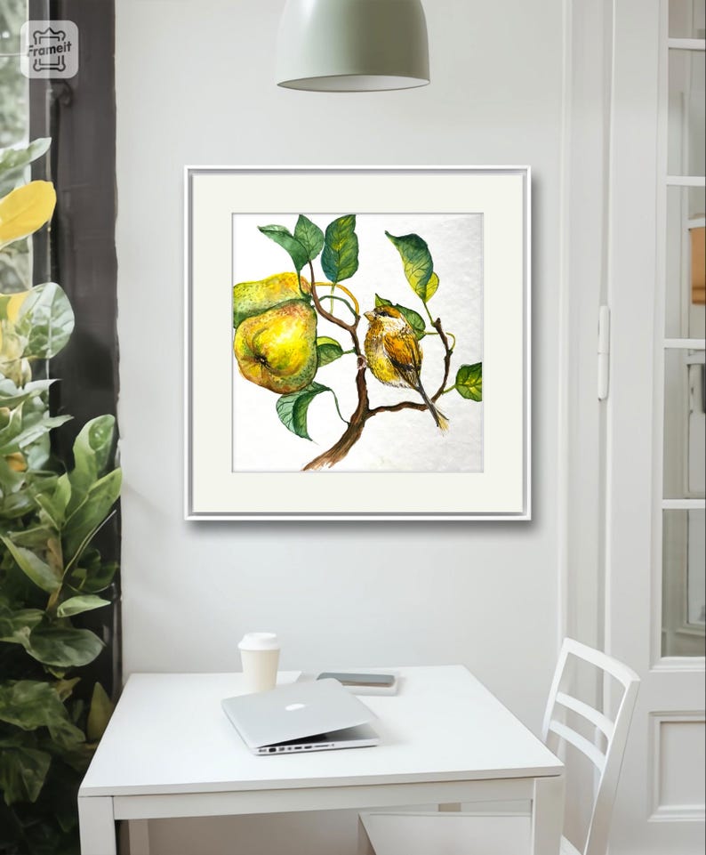Bird on Pear Watercolor Painting: Original Robin Wall Art (10x10 Inch ...