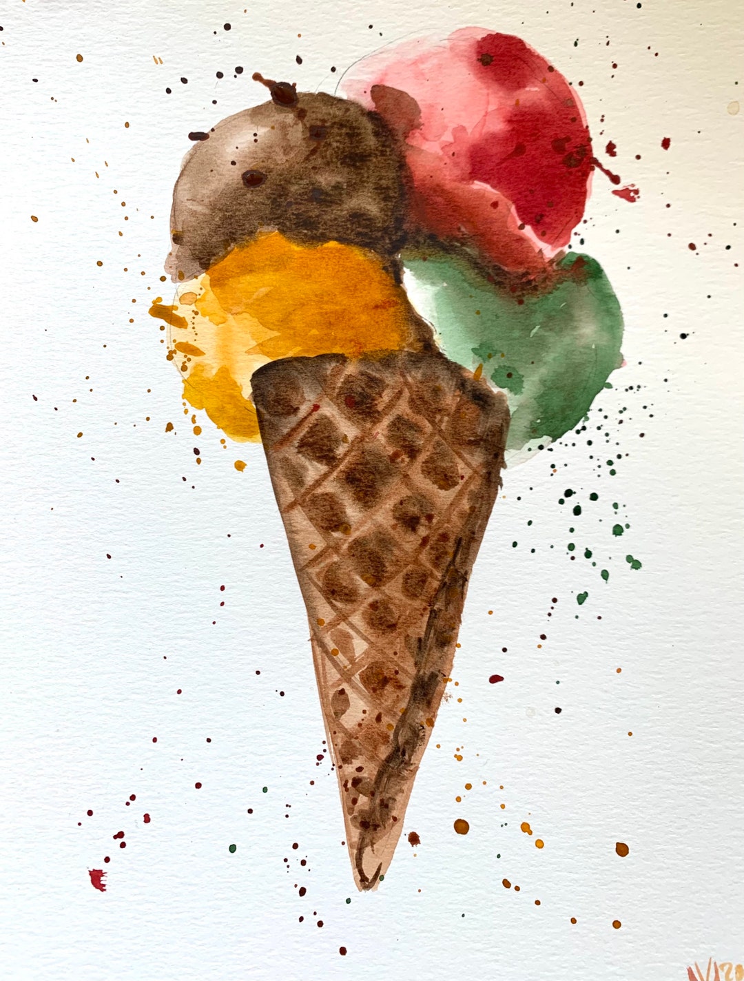 Ice Cream Original Watercolor Painting Wall Art Cafe Decor Gift for ...