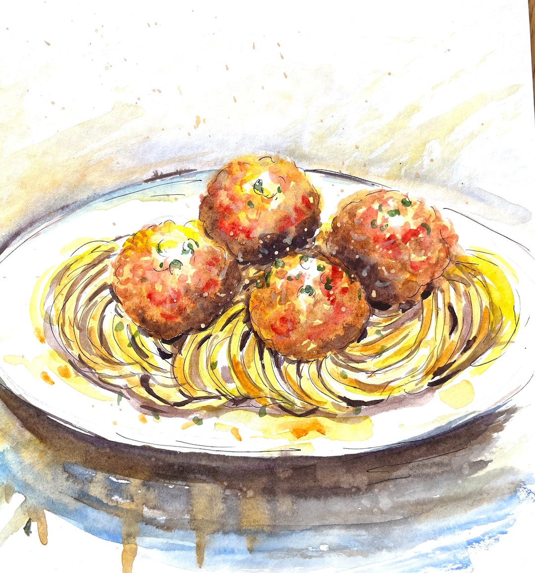 Spaghetti Meatballs Watercolor Painting: Italian Food Art (25x25 Cm) - Etsy