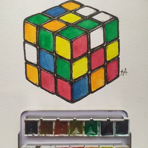 Rubik's Cube Original Art Watercolor Painting Retro Wall Decor Boho ...