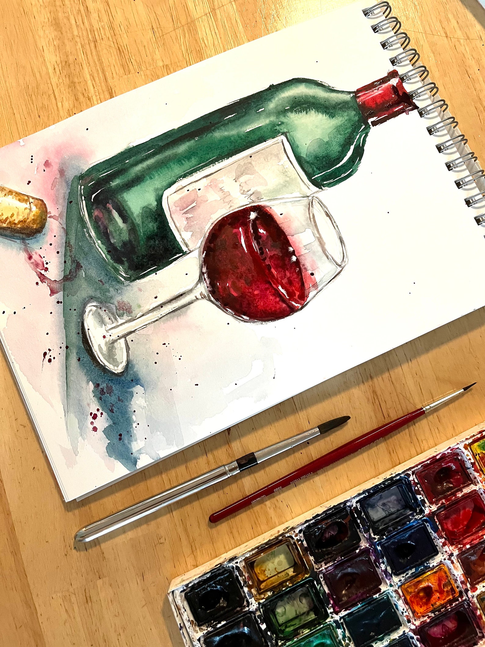 Wine Bottle Original Watercolor Painting Wall Art Home Decor Wine Glass ...