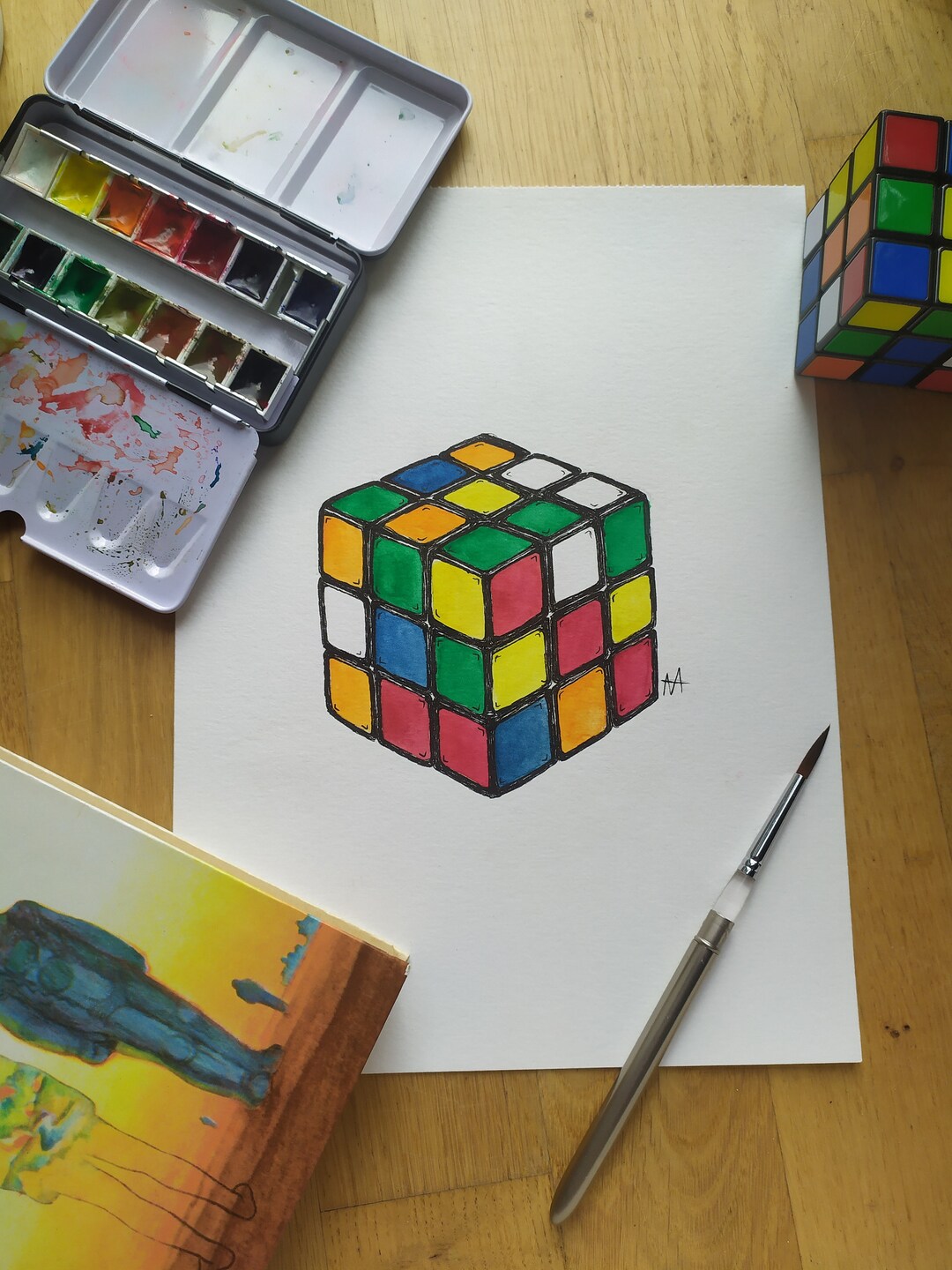 Rubik's Cube Original Art Watercolor Painting Retro Wall Decor Boho ...