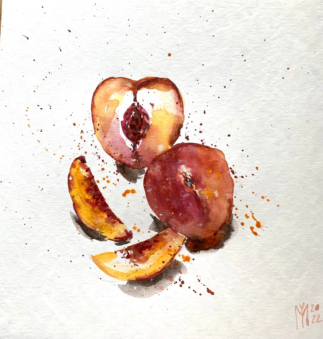 Peach Original Watercolor Painting Wall Art Home Kitchen Decor - Etsy