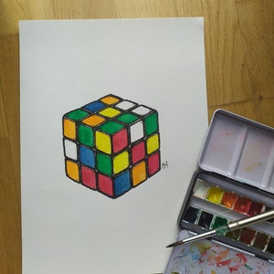Rubik's Cube Original Art Watercolor Painting Retro Wall Decor Boho ...