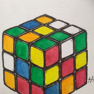 Rubik's Cube Original Art Watercolor Painting Retro Wall Decor Boho ...