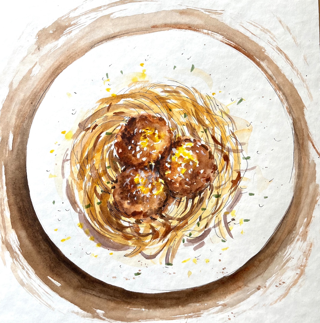 Spaghetti and Meatballs Watercolor Painting: Italian Food Art (25x25 Cm ...