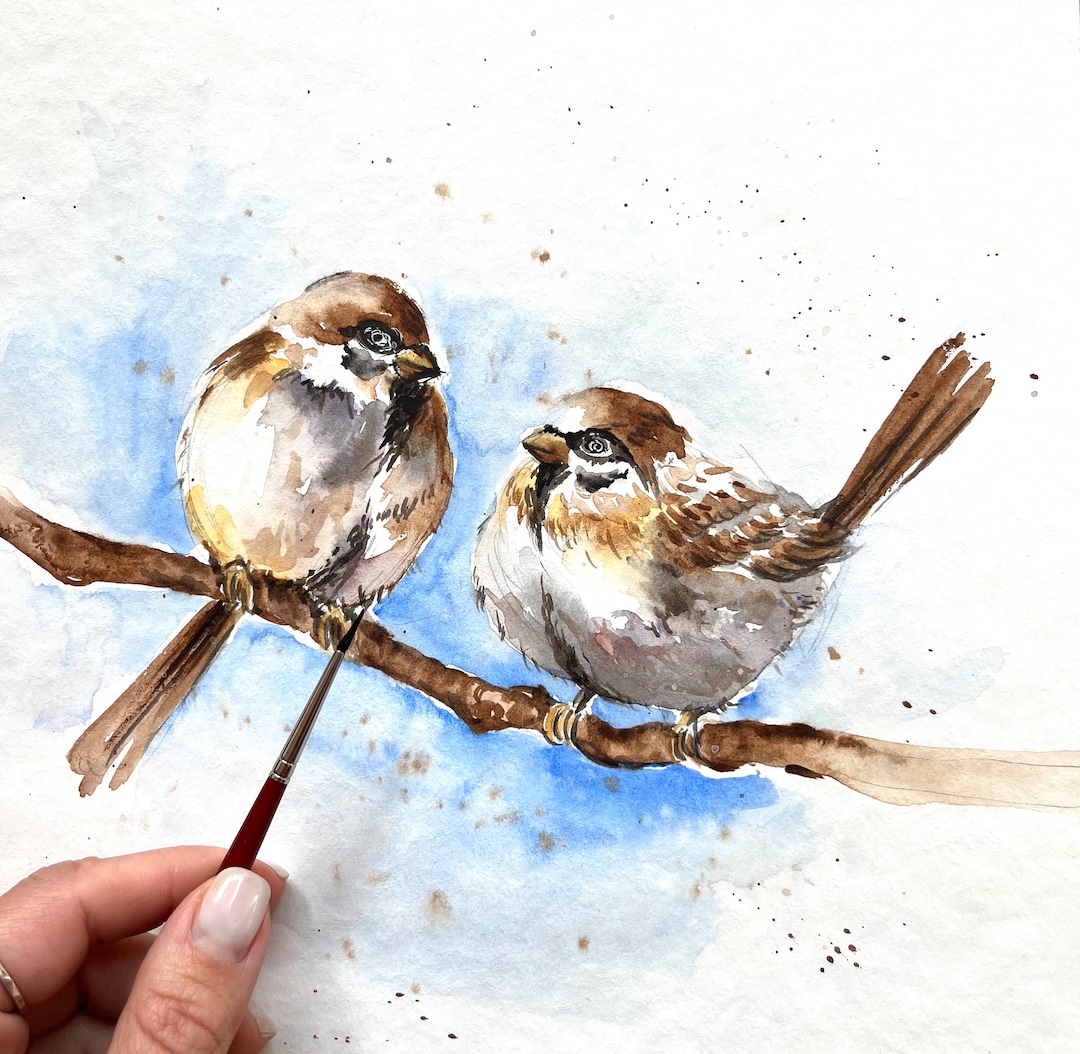 Sparrow Bird Couple Original Painting Wall Art Spring Bird Painting ...