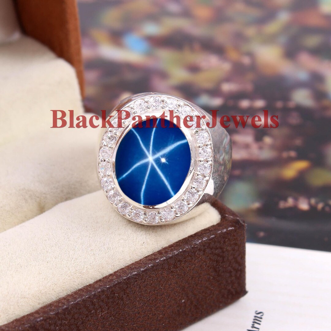 Linde Star Blue Sapphire Ring for Men, 18K White Gold Plated Silver ...