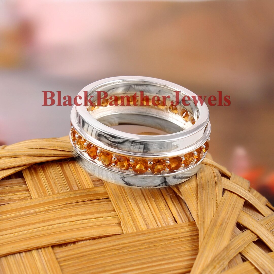 Citrine Eternity Band for Men, White Gold Plated Silver Ring, Handmade ...