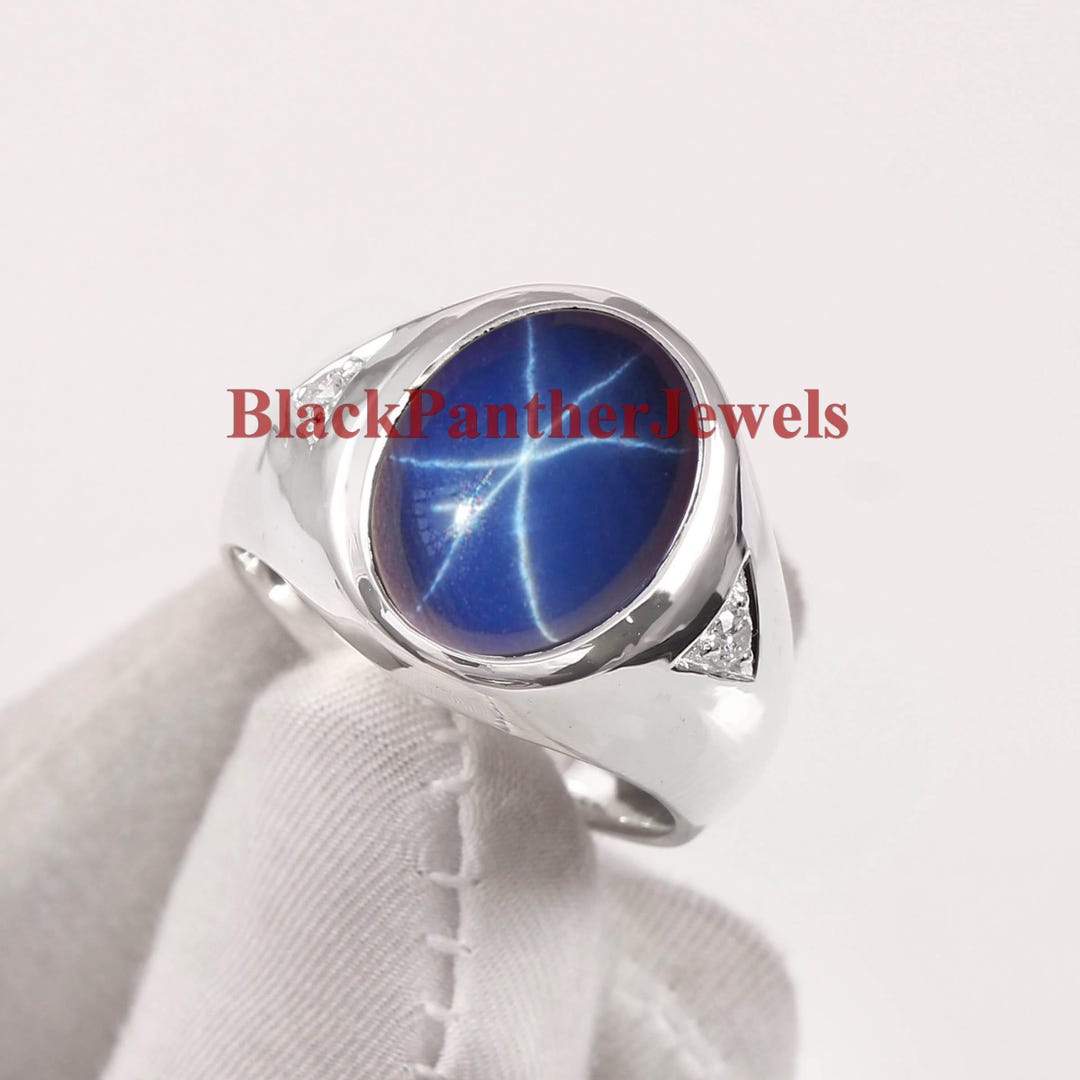 Linde Star Blue Sapphire Ring for Men, 18K White Gold Plated Silver ...