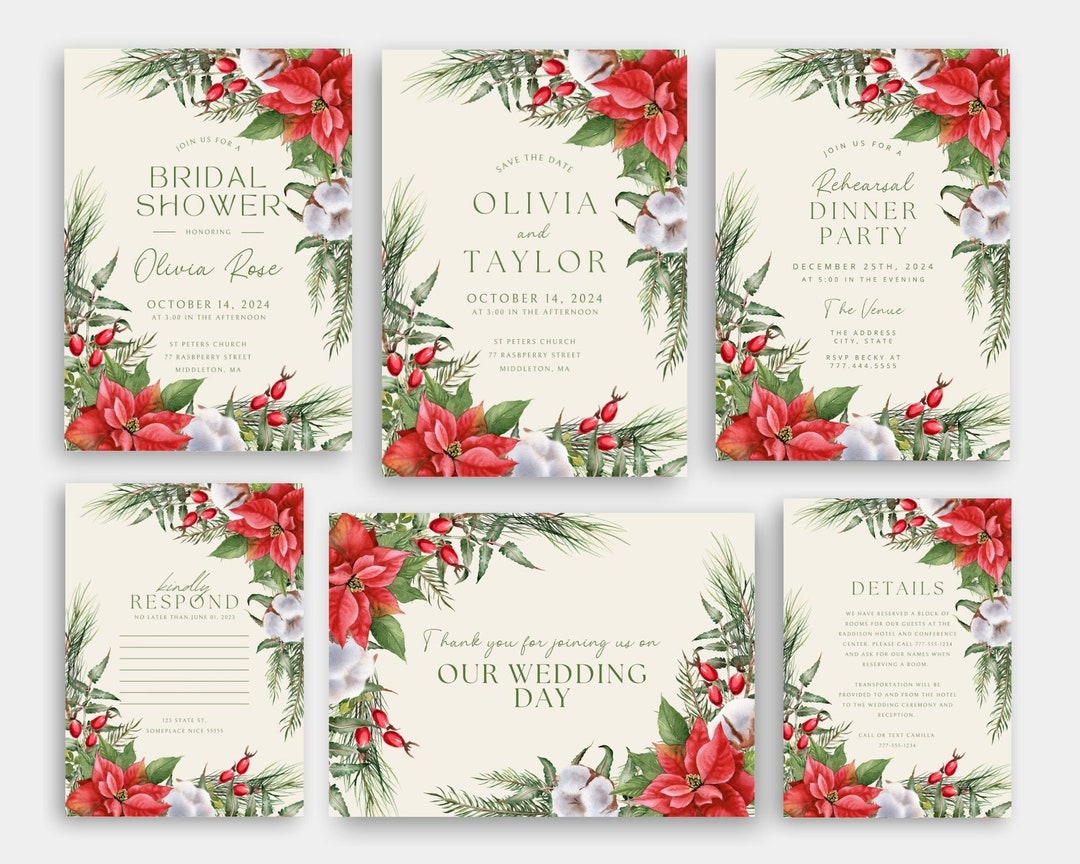 Editable Wedding Stationery Suite Christmas Poinsettia JA9403 - Etsy