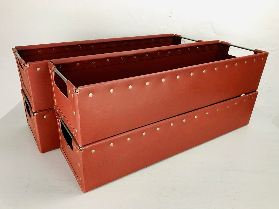 Set of 4 Vulcanized Fiber Boxes Burgundy Rivets Industrial Container ...