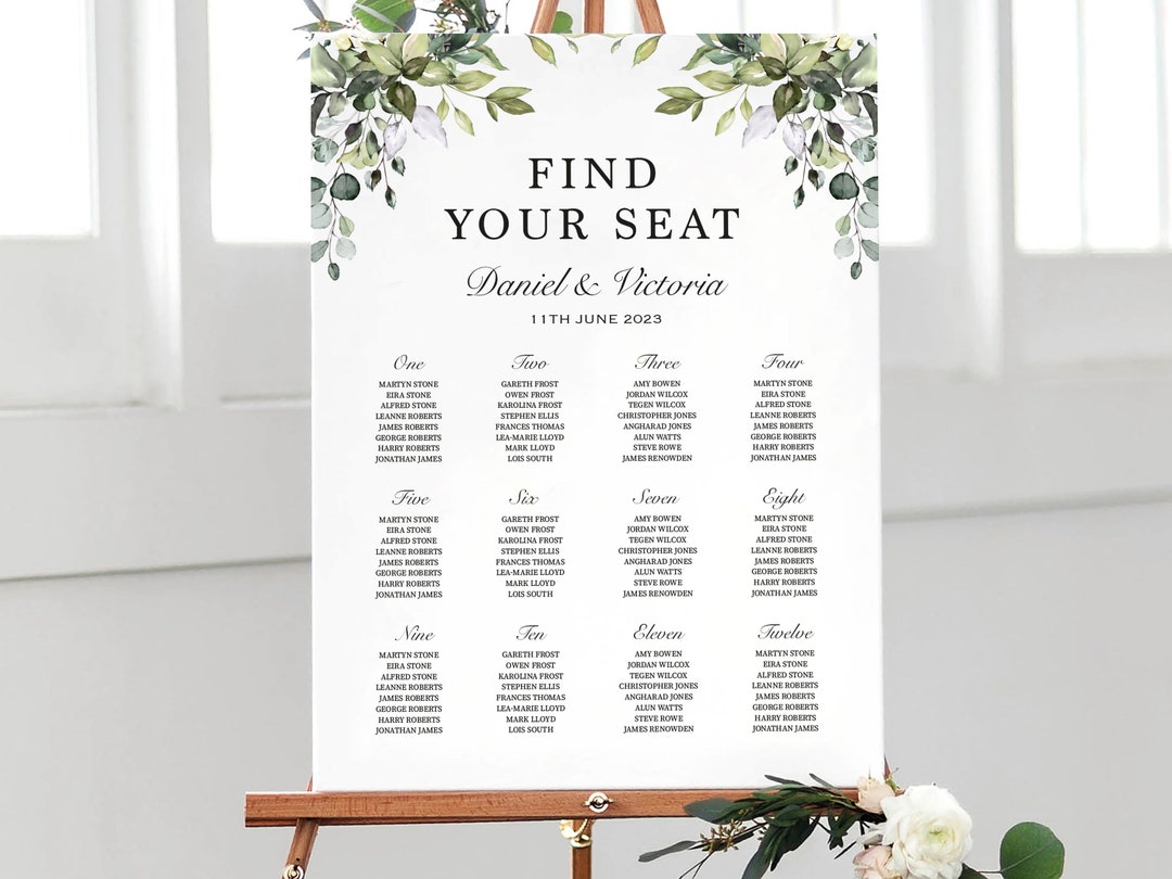 Personalized Wedding Seating Chart: Green Eucalyptus, Minimalist Design ...
