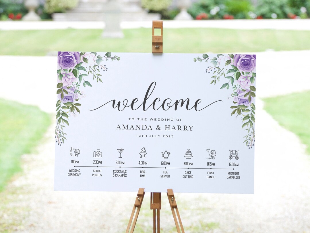 Floral Wedding Welcome Sign: Purple Flower Order of the Day (digital ...