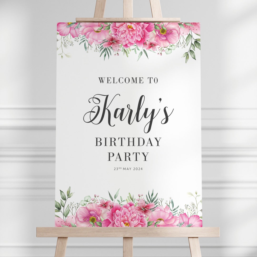 Birthday Welcome Sign Pink Flowers, Canvas, Foam Board, Art Paper or ...