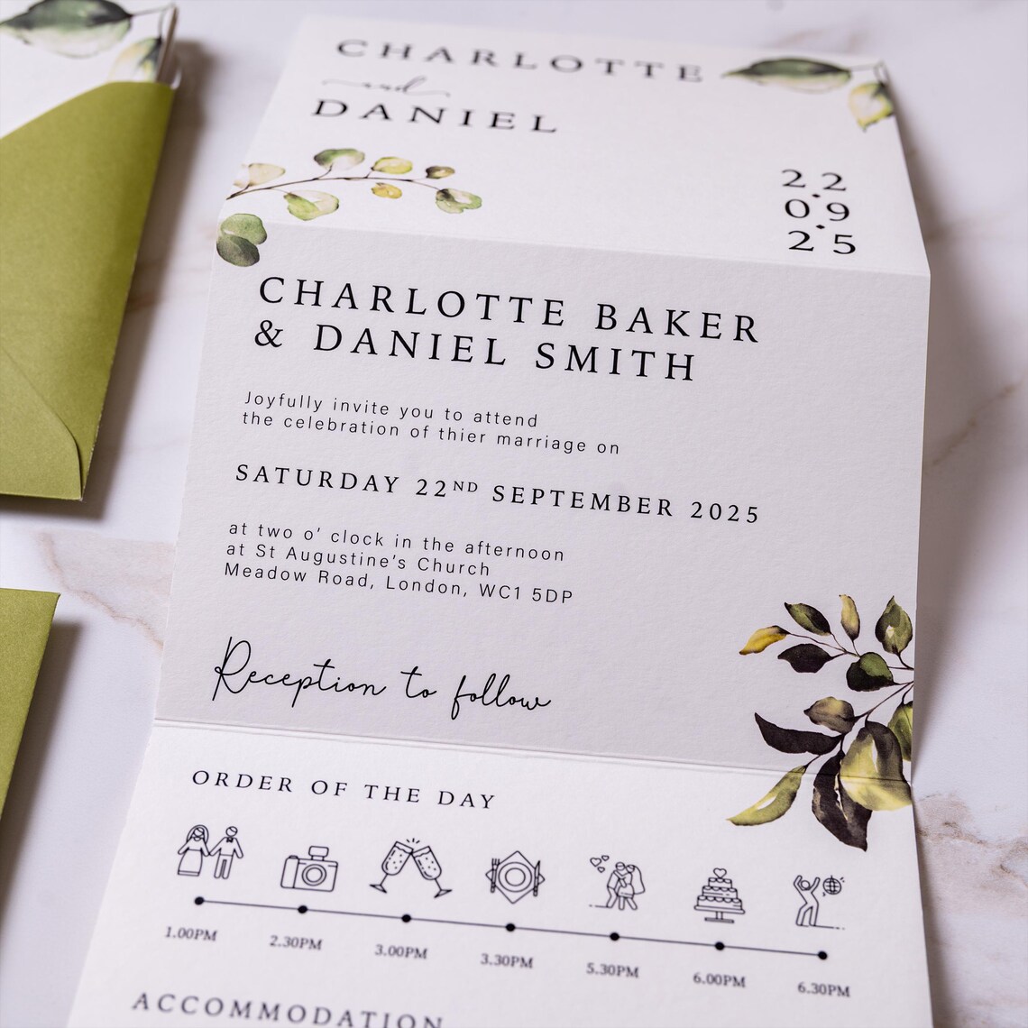 Luxury Wedding Invitations - Concertina Folding Invites - Green Leaves ...