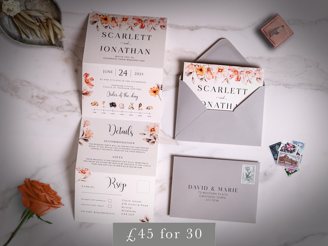Wildflower Concertina Wedding Invitations: Peach & Pink Floral Design ...