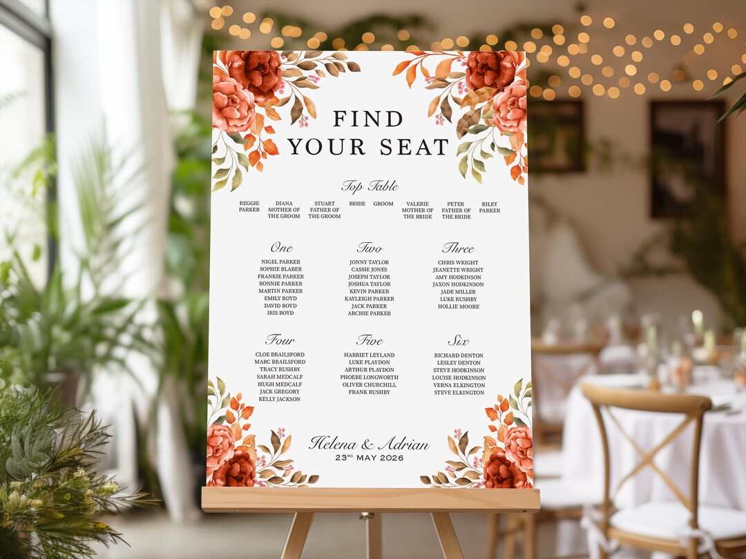 Personalized Wedding Seating Chart: Autumn Orange Floral Design ...