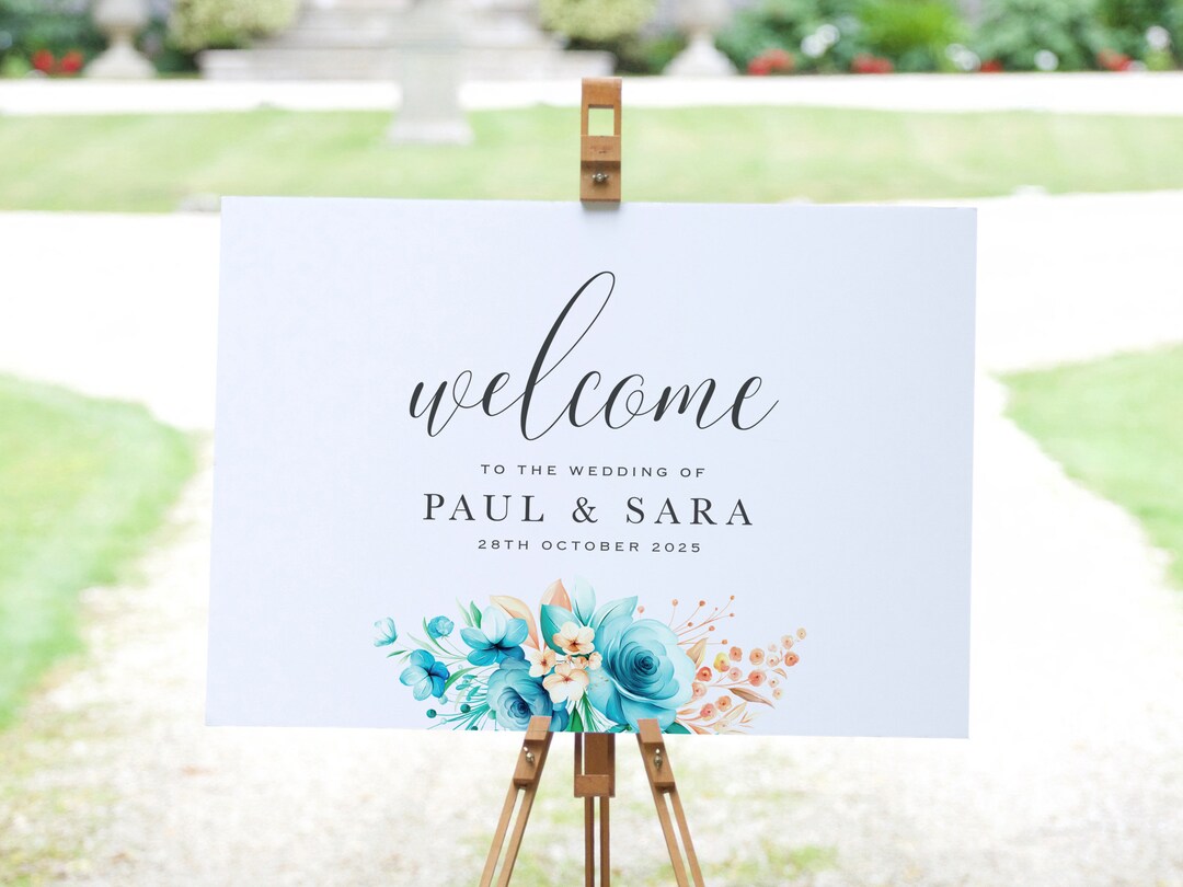 Blue Floral Wedding Welcome Sign: Canvas, Foam Board, or Art Paper ...