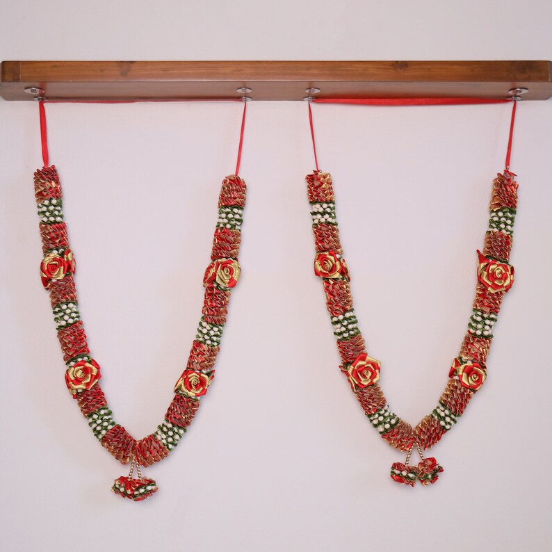 CRASTO INDIA HANDCRAFTED Dual Ribbon Rose With Tagar Kali Mala. Red 22 ...