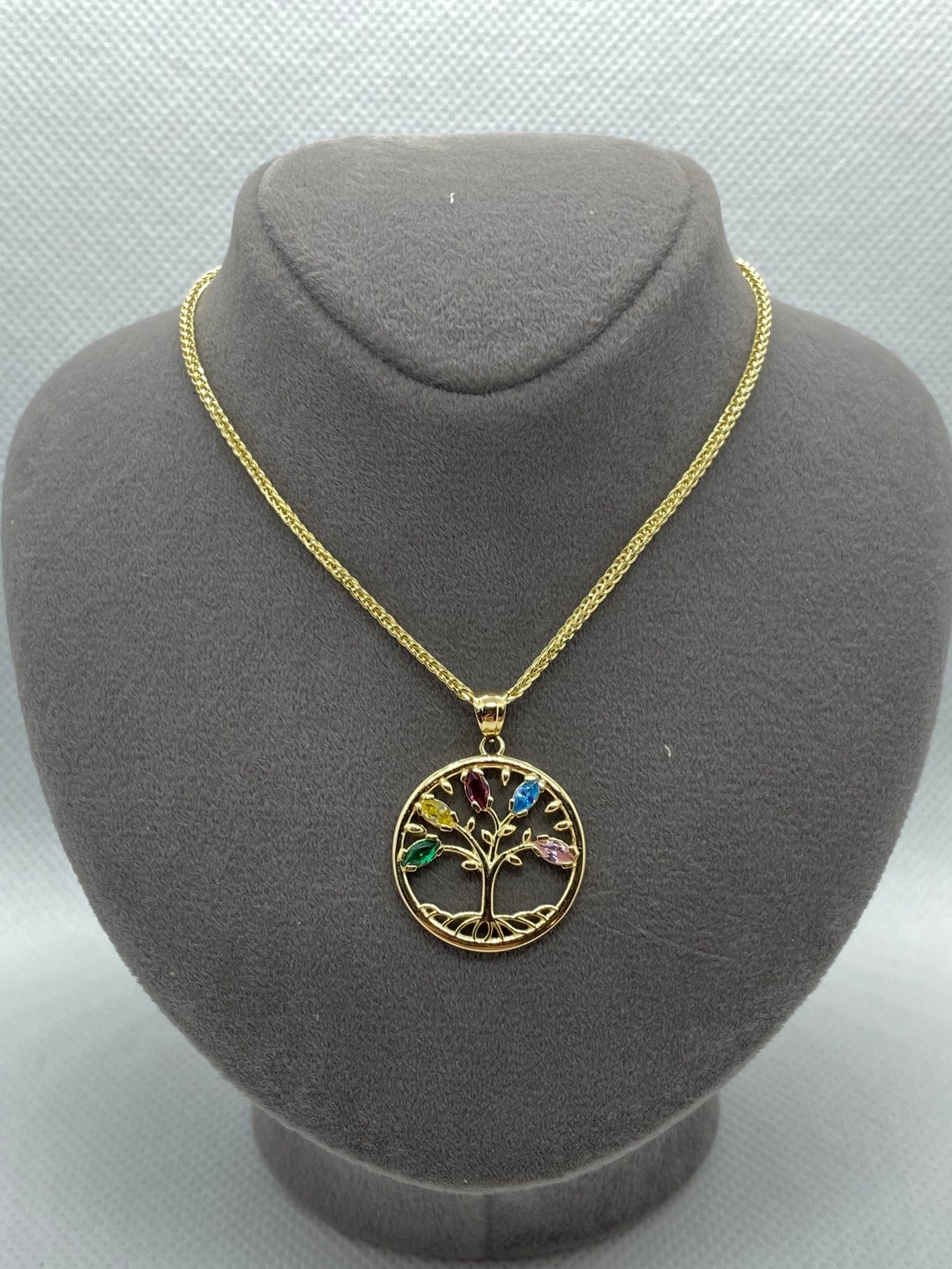 14k solid Gold tree of life necklace with colorful stones 21.5 | Etsy