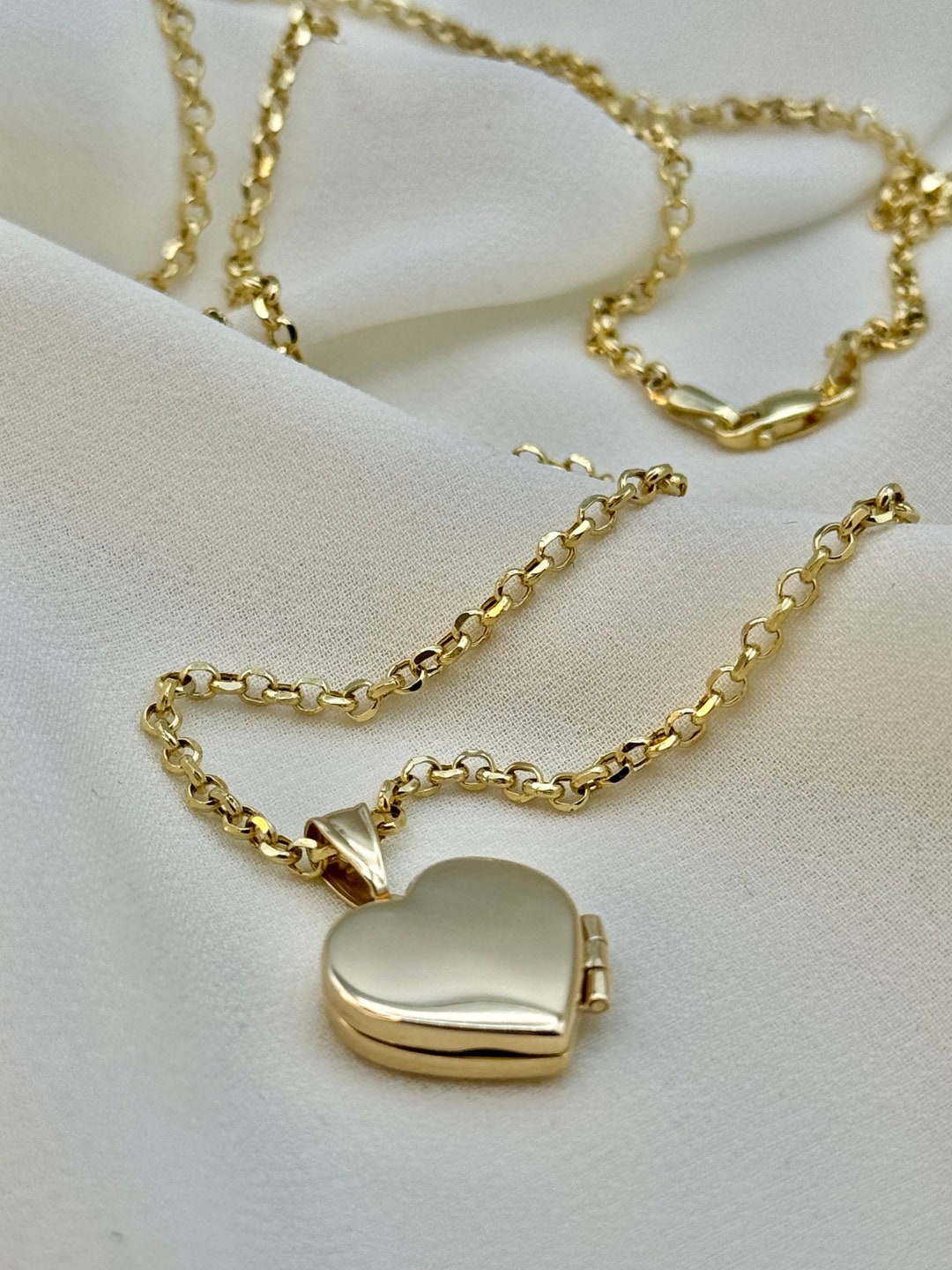 14k Solid Gold Heart Locket Necklace With Rolo Chain - Etsy