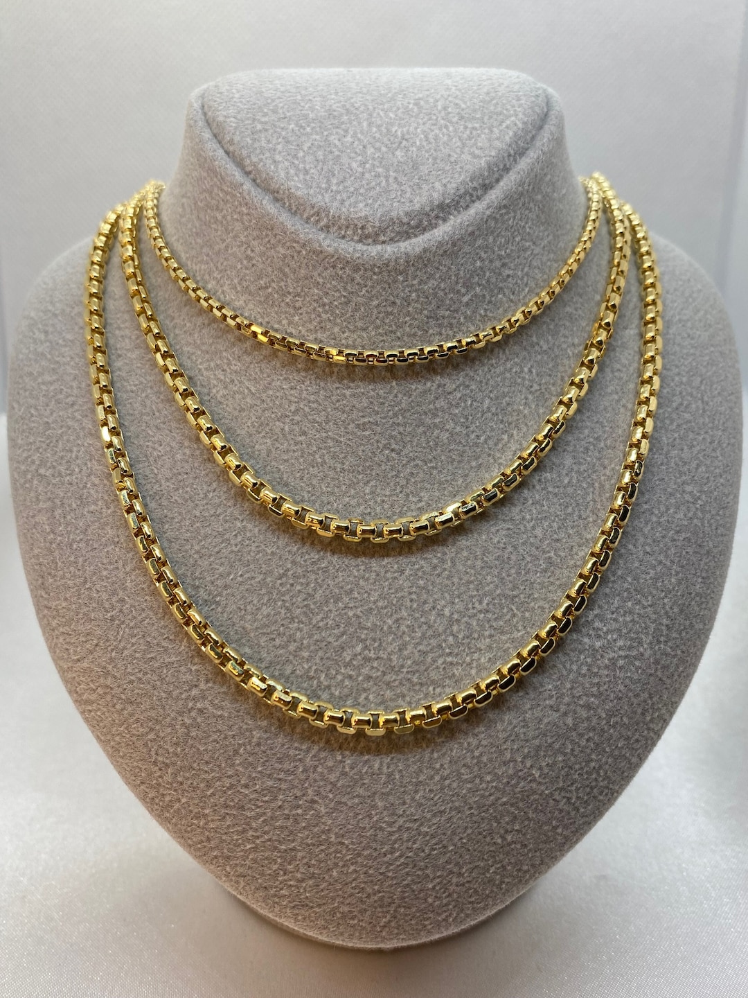 14K Solid Gold Box Chain Necklace, 20,22 ,24,27 Inches ,3.55mm,2.55mm ...