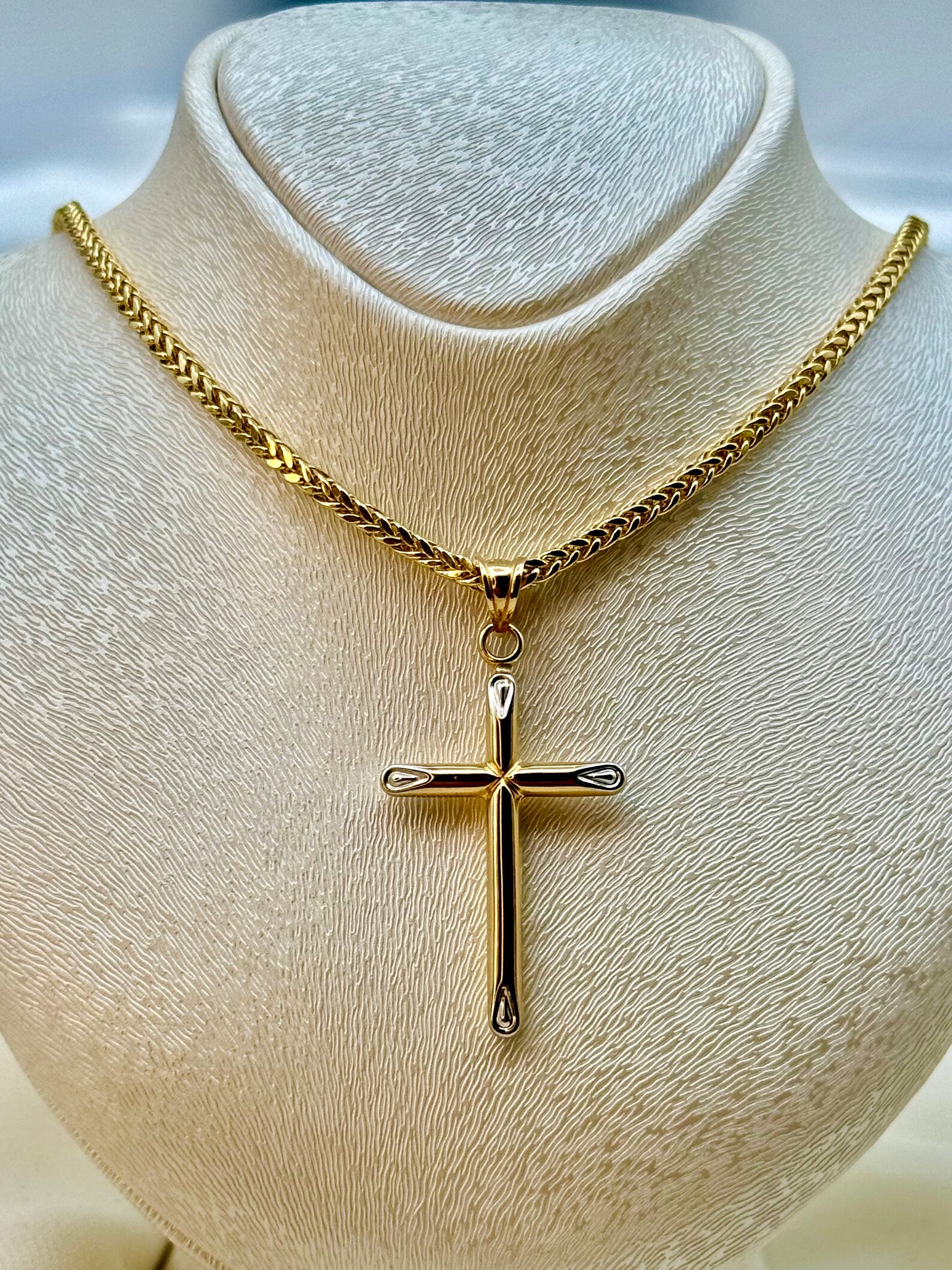 18k Gold Cross Necklace: Foxtail Chain Pendant, Gift Box - Etsy