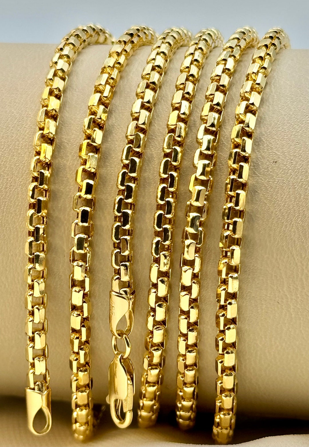 14K Real Gold Round Box Chain Necklace, 20", 22", 23.5" Inches, 3.5mm ...