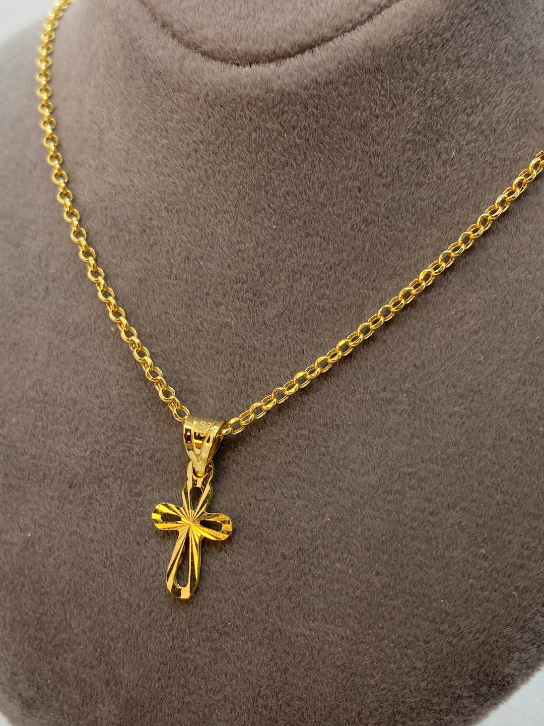 18k Real Gold Cross Necklace 19.5 Inches, With Rolo Chain 2mm . - Etsy