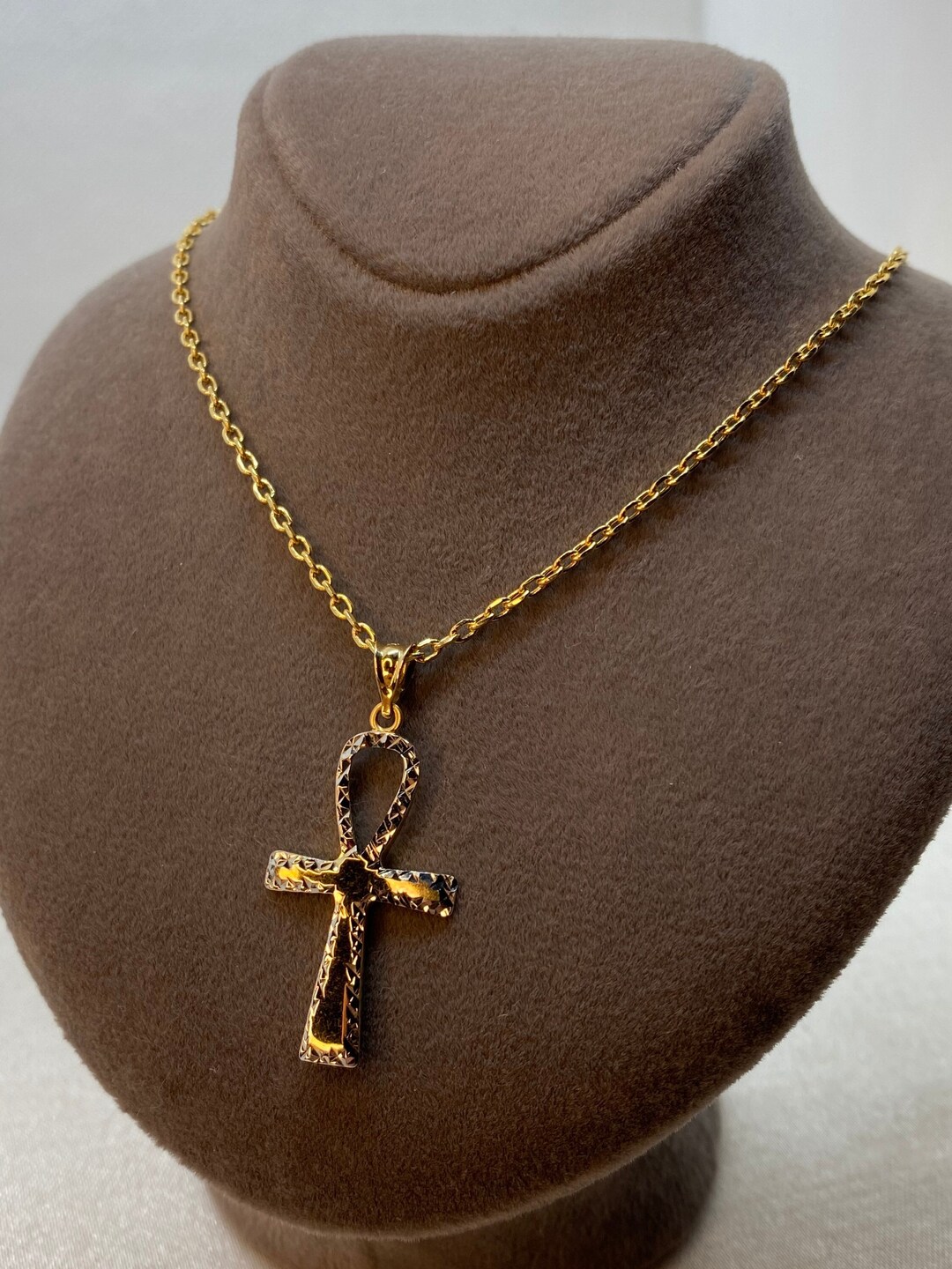 14K Gold Ankh Cross Pendant With 18K Cable Chain (17.5") - Etsy