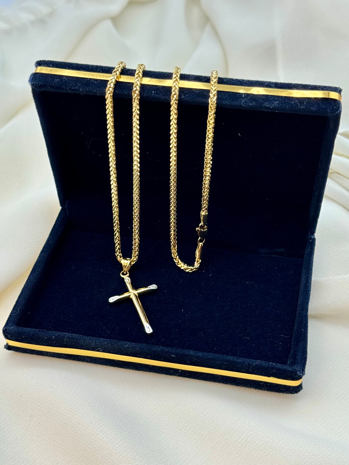 18k Gold Cross Necklace: Foxtail Chain Pendant, Gift Box - Etsy