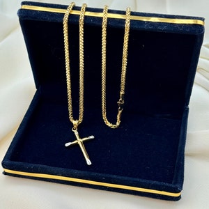 18k Gold Cross Necklace: Foxtail Chain Pendant, Gift Box - Etsy