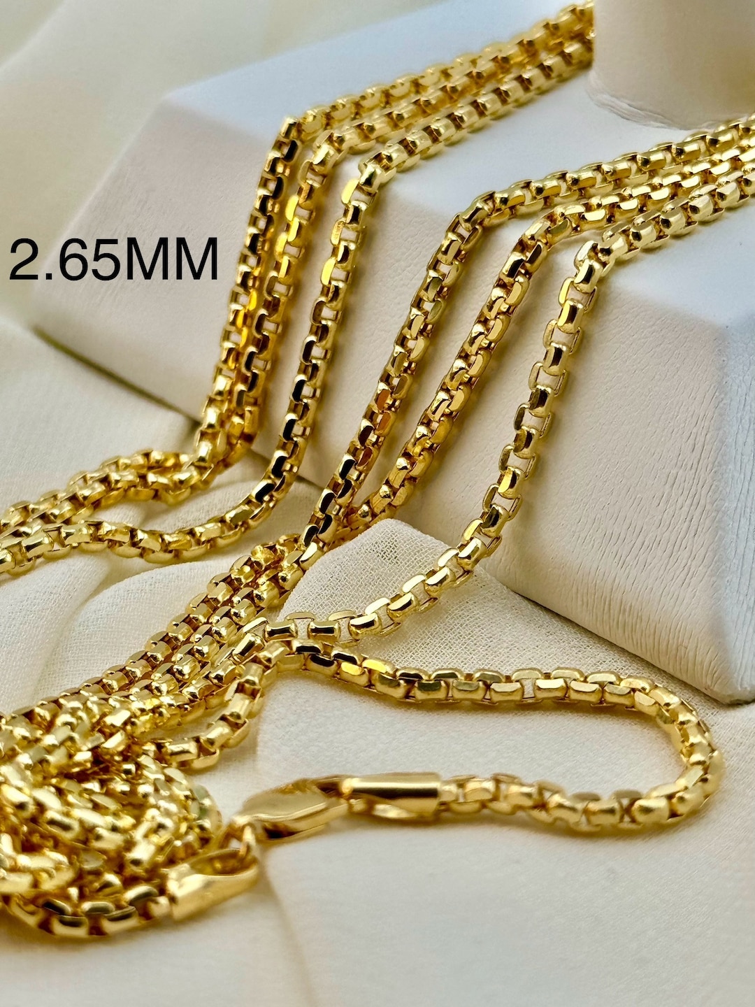 18K Gold Box Chain Necklace, 20, 22, 23.5" Inches, 2.65mm, 18k Real ...