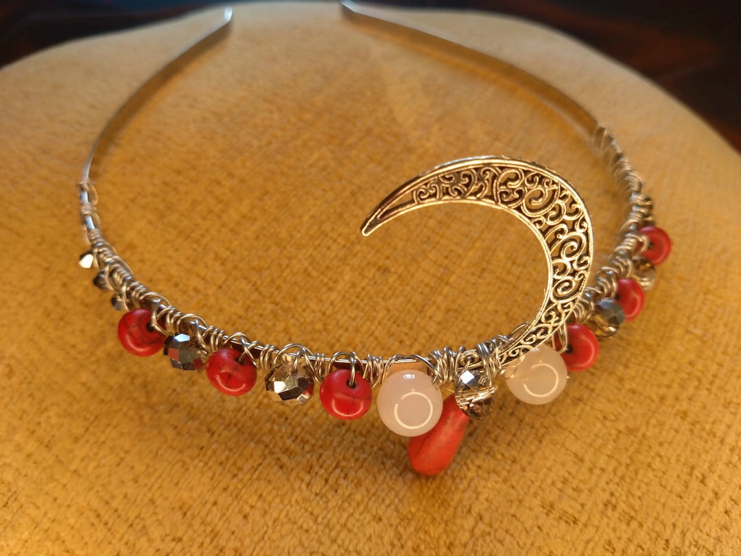 Red Coral and Rose Quartz Moon Headband/tiara - Etsy