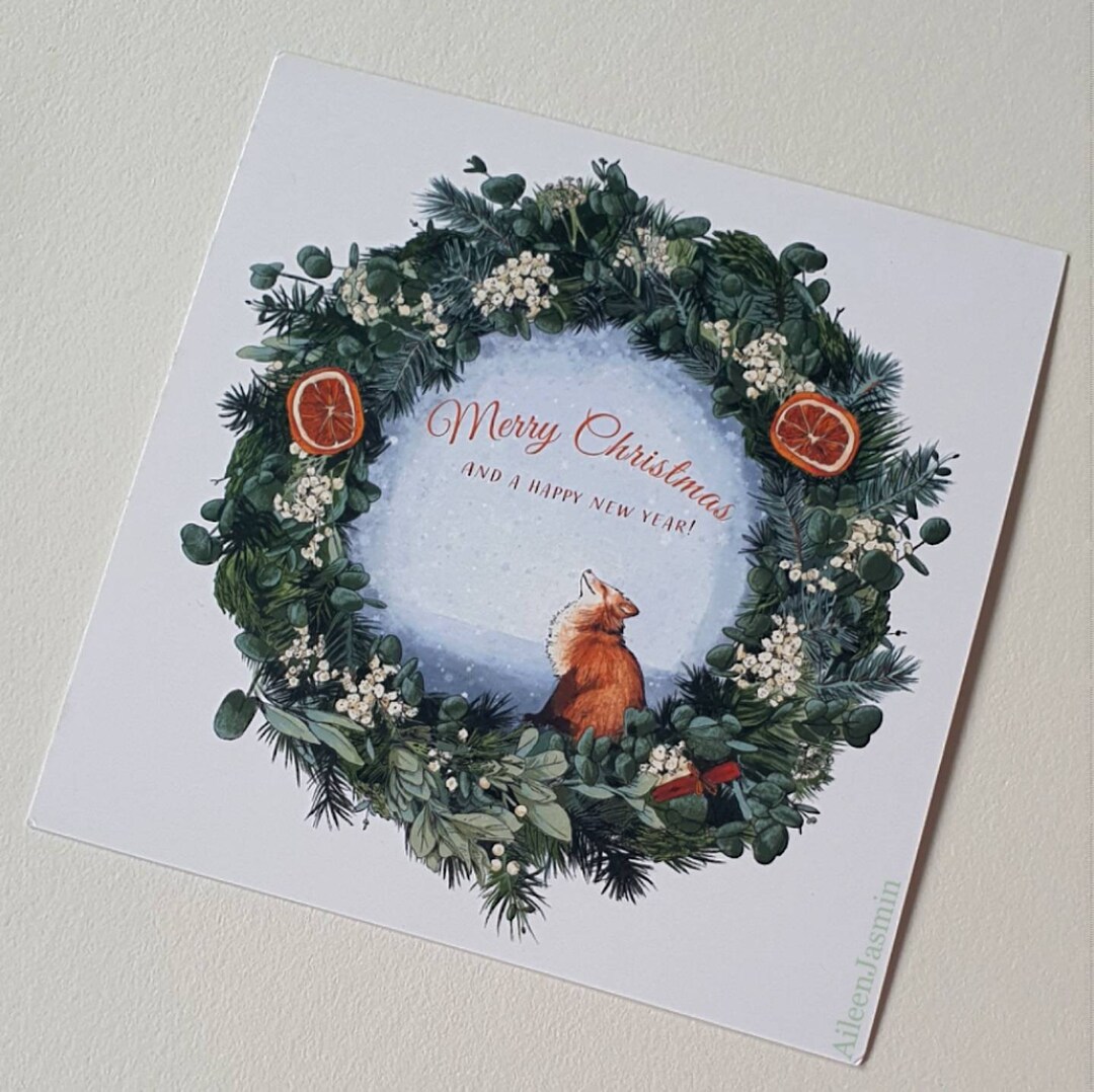 Square fox Christmascard , New years card, xmas card, small christmas ...
