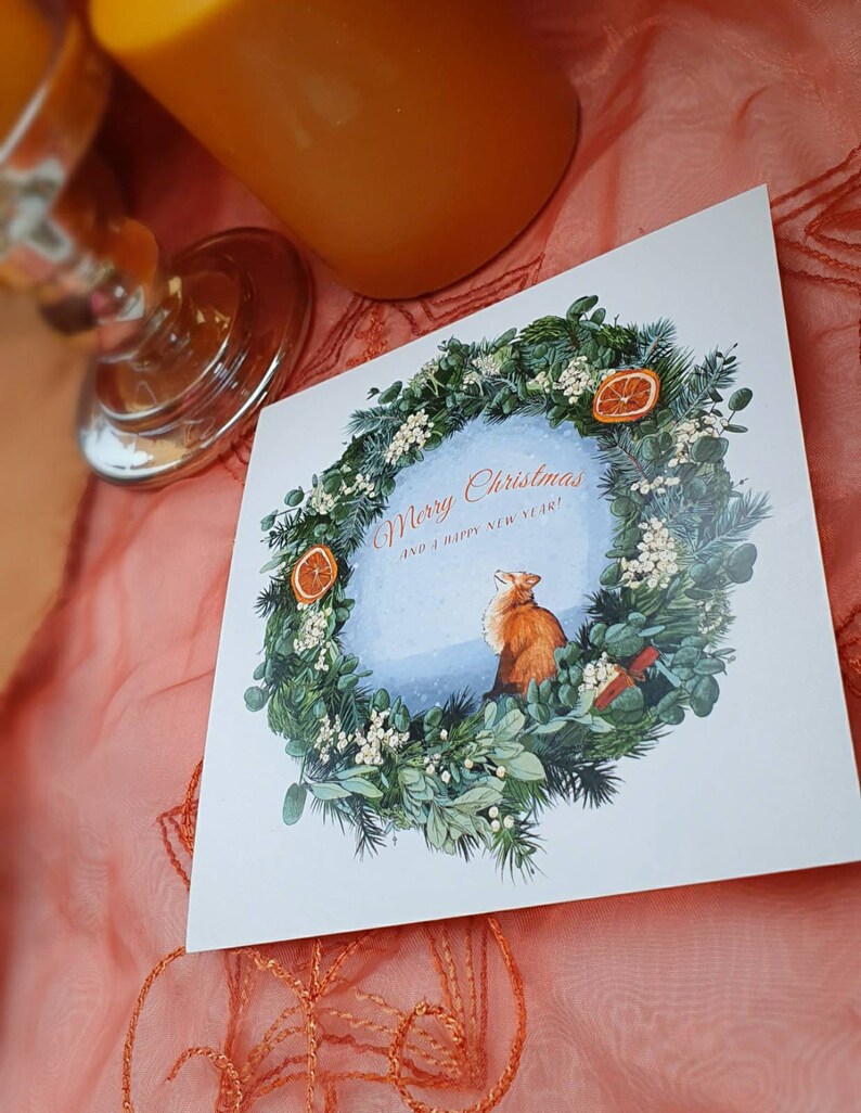 Square fox Christmascard , New years card, xmas card, small christmas ...