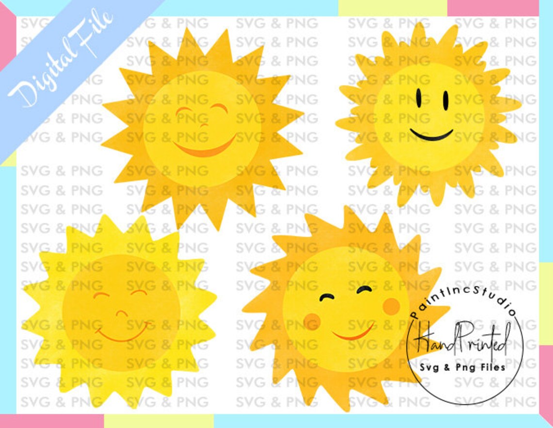 Watercolor 4 Cute Sun Faces Sun PNG Sun Clipart Cute Sun - Etsy