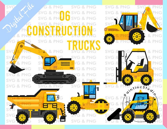 6 Watercolor Construction Trucks Sublimation PNG Design,construction ...