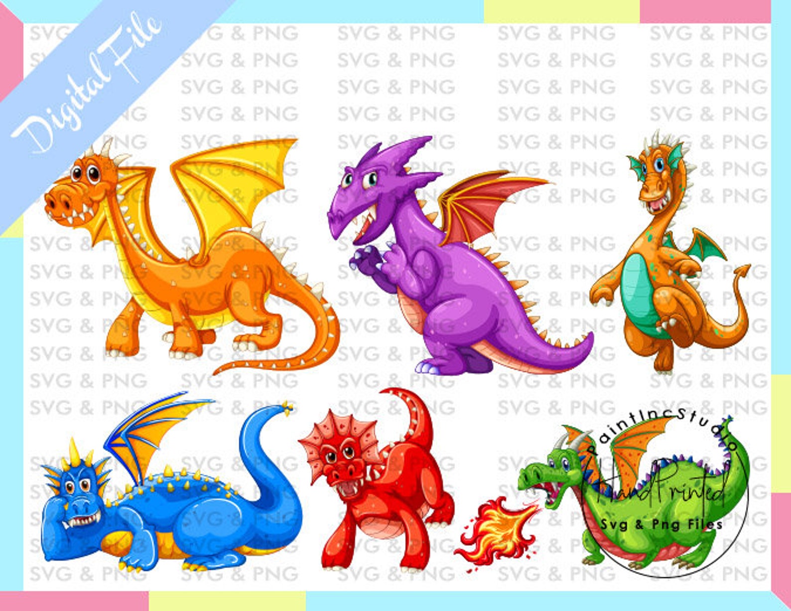 Dragon Dinosaur Clipartwatercolor Clipartcute | Etsy