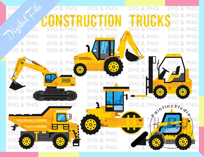 6 Watercolor Construction Trucks Sublimation PNG Design,construction ...