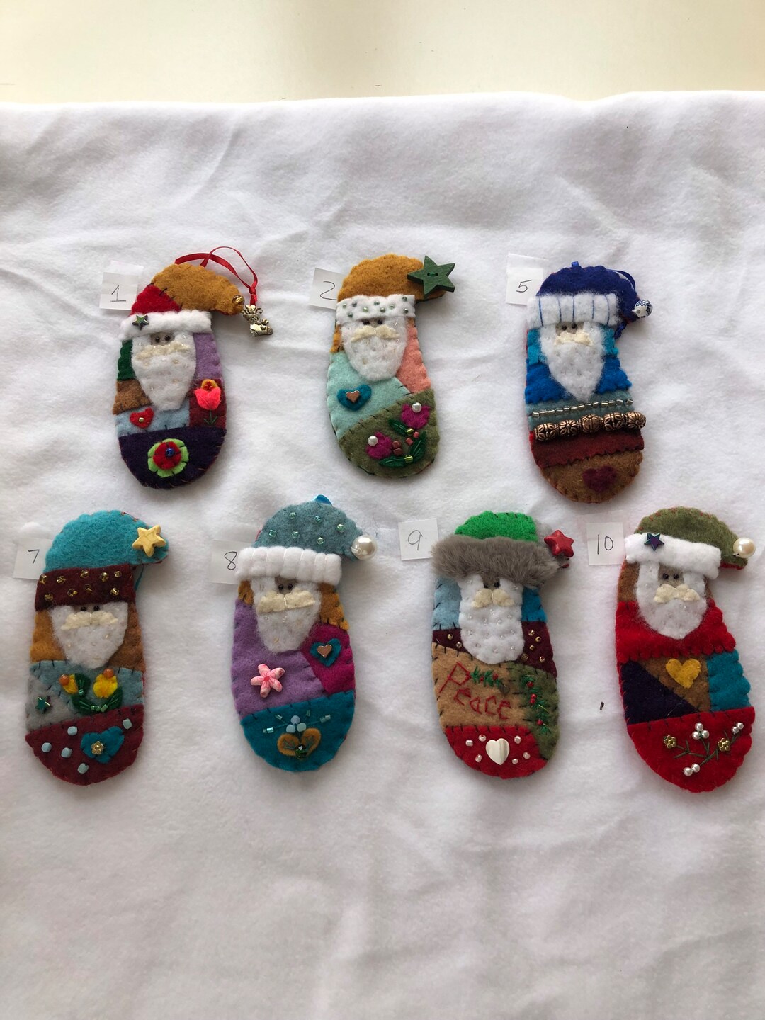 Handmade Christmas Santa Felt Ornaments One of a Kind Colorful Beaded ...