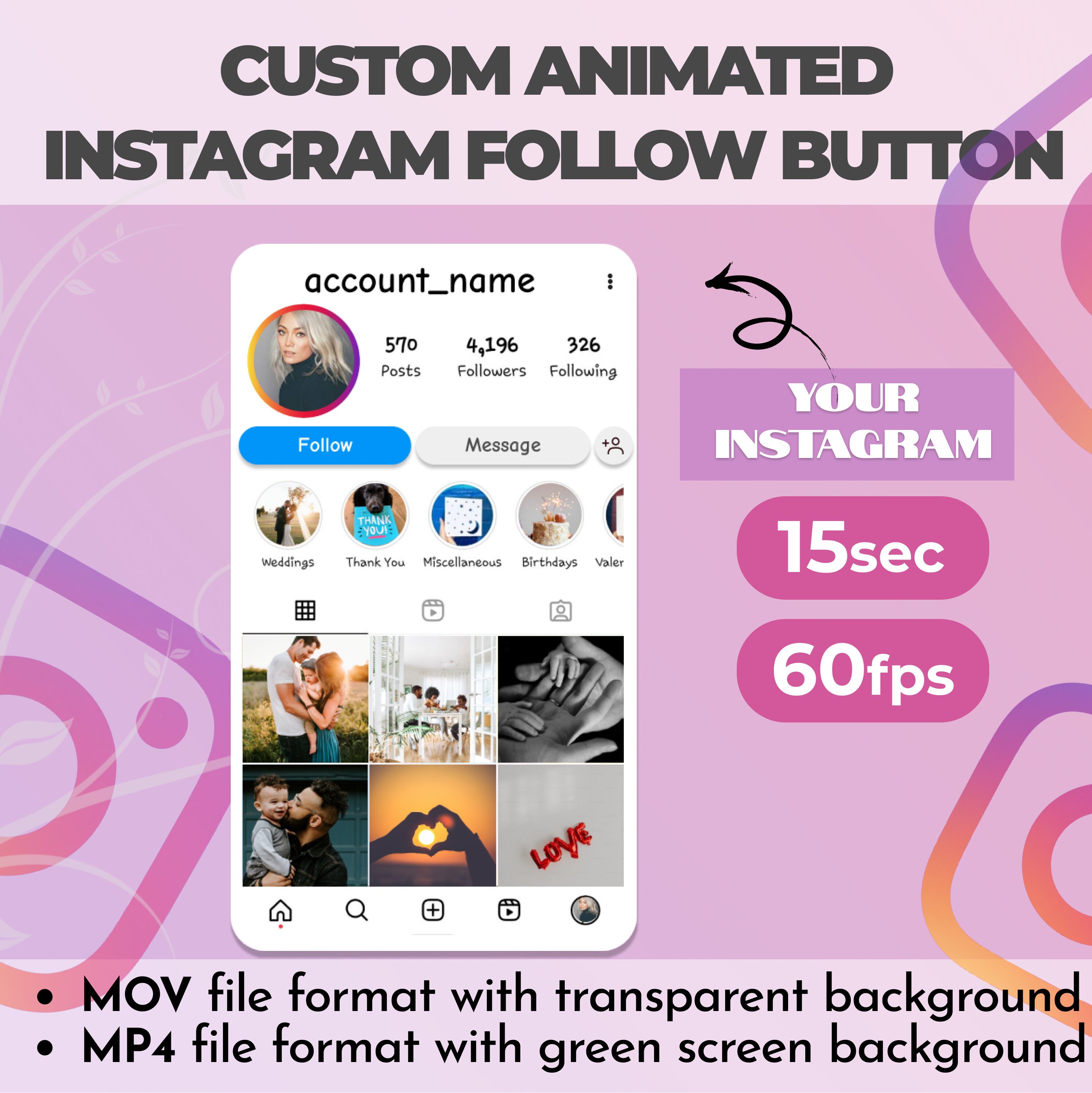 Personalized Custom Animated Instagram Follow Button Overlay for ...
