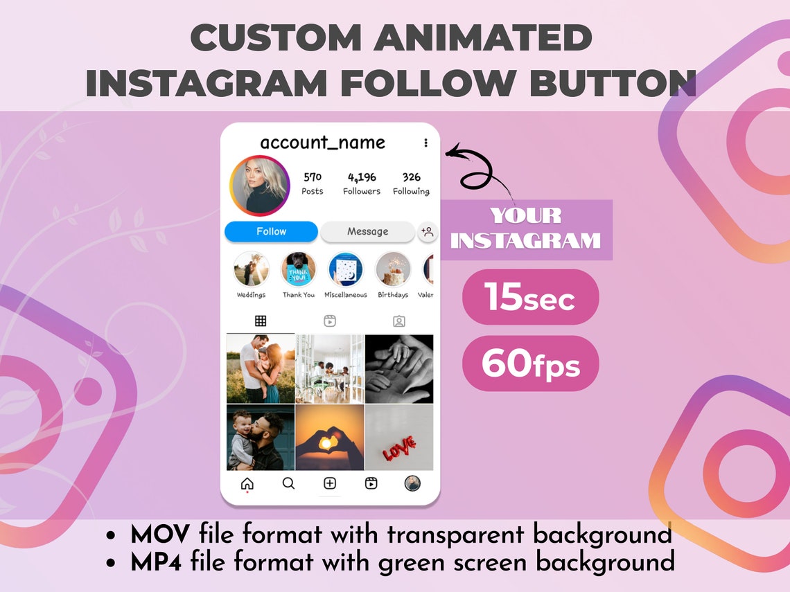 Personalized Custom Animated Instagram Follow Button Overlay for ...