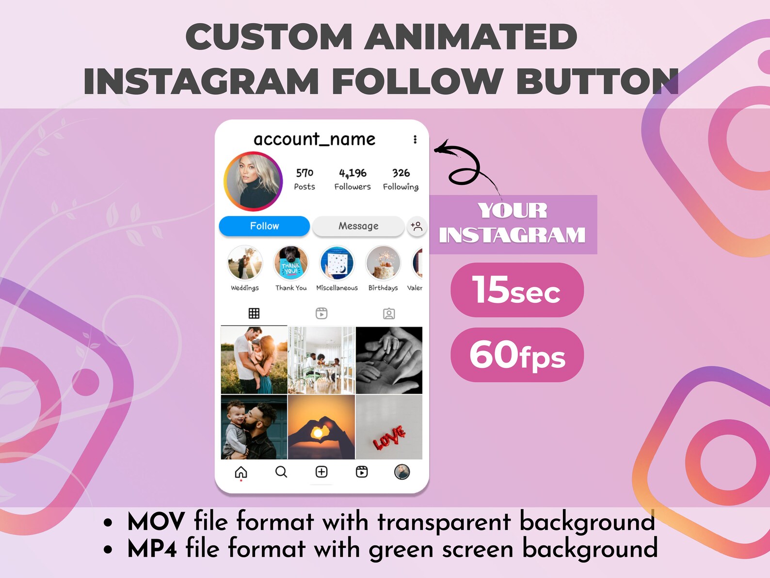 Personalized Custom Animated Instagram Follow Button Overlay for ...