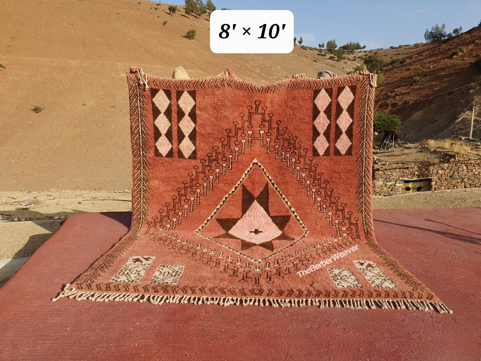 Pink Wool Rug 8x10ft Handmade Wool Rug Original Design With Fringes on ...
